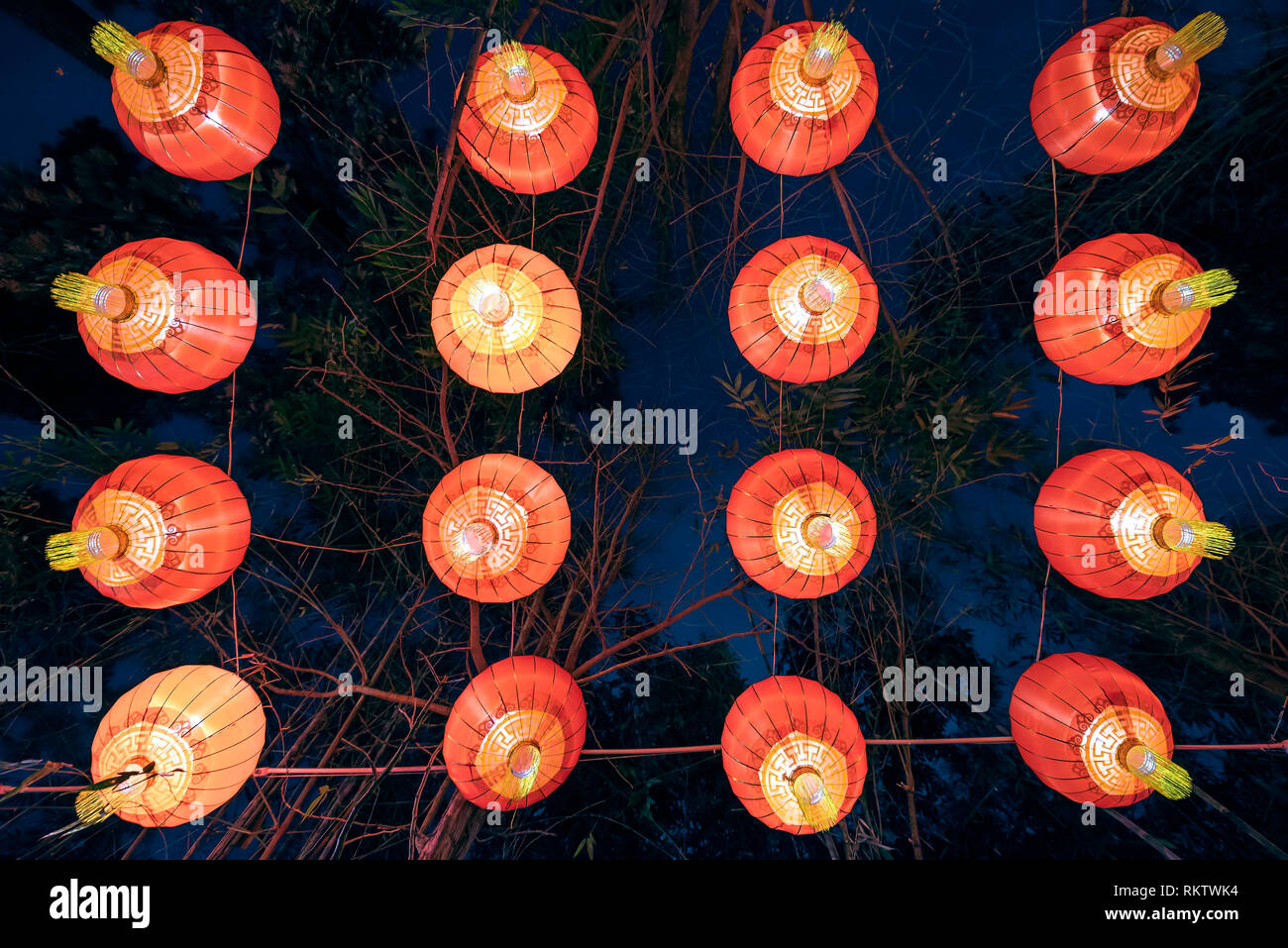 Group of red chinese lanterns illuminated at night for the chinese new ...