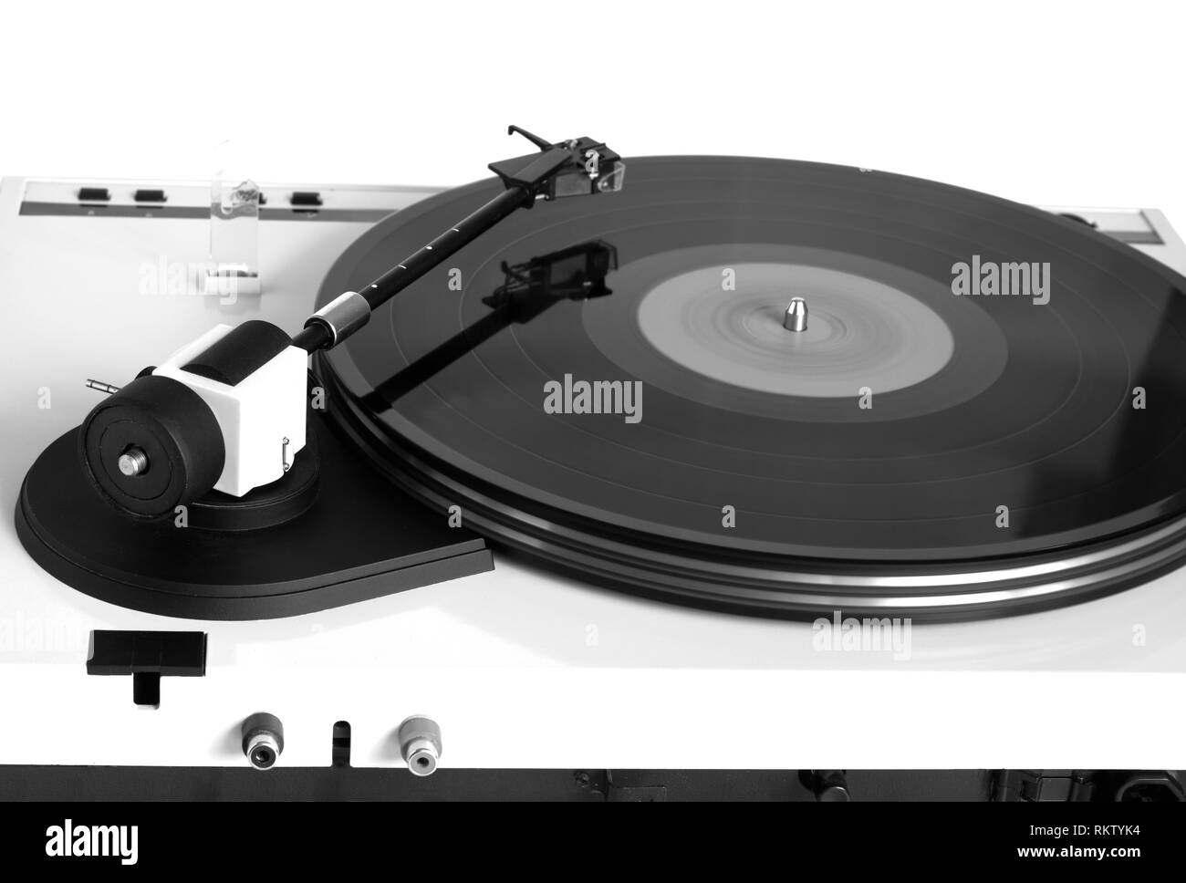 Turntable in silver case with rotation vinyl record with red label ...