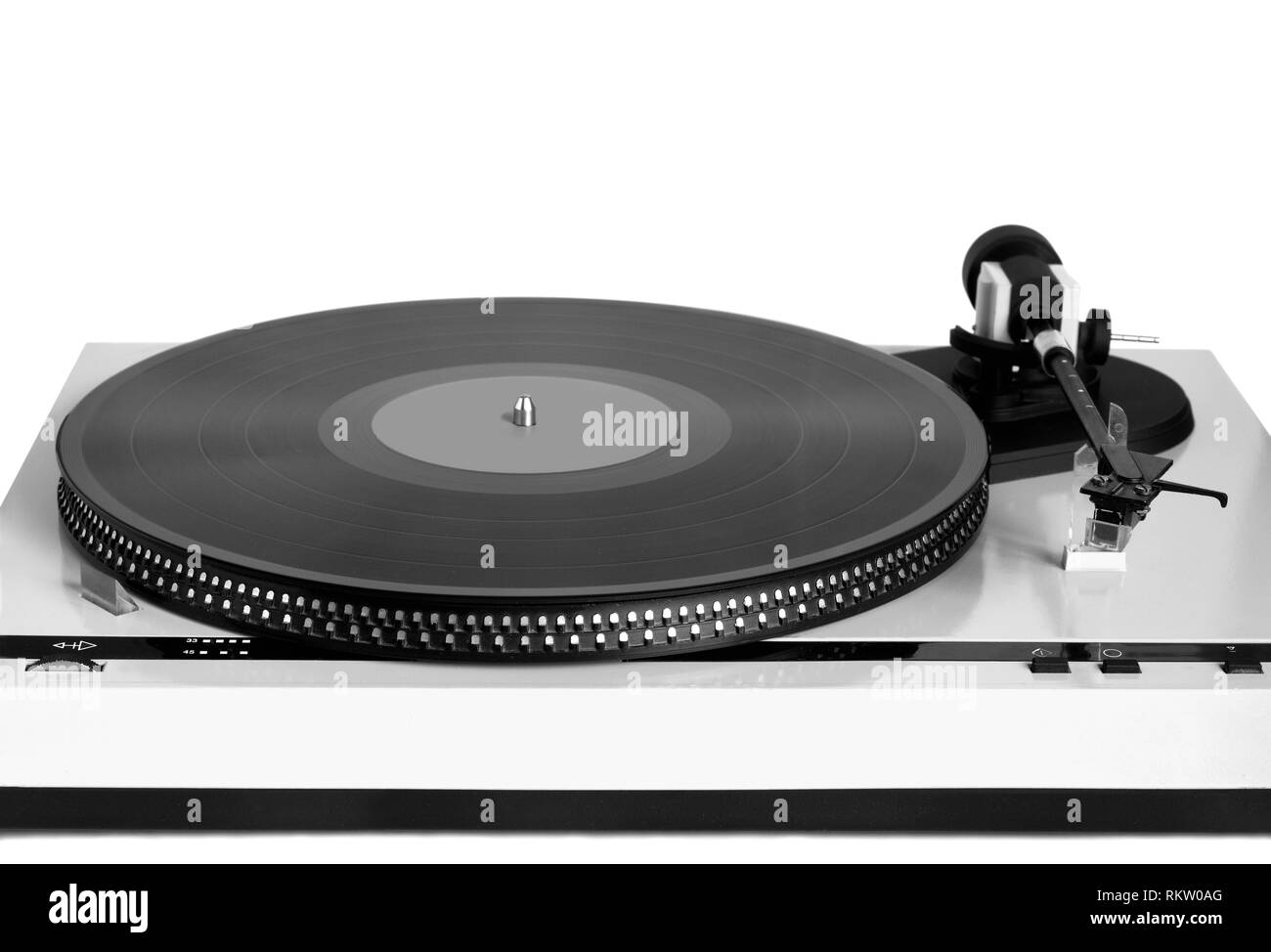 Turntable in gray case with black vinyl record with empty label on disc ...