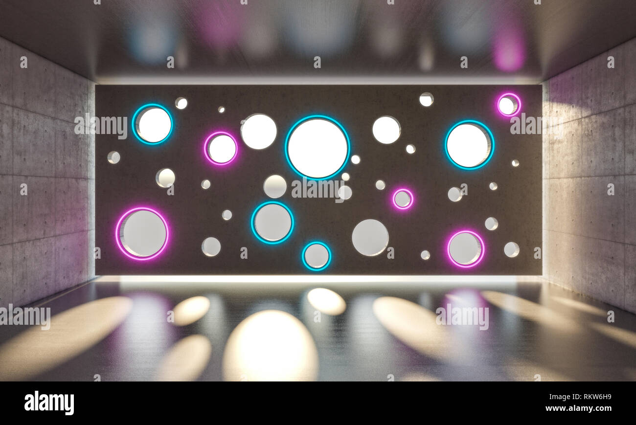 circle windows in concrete indoor with neon lights 3d rendering image ...