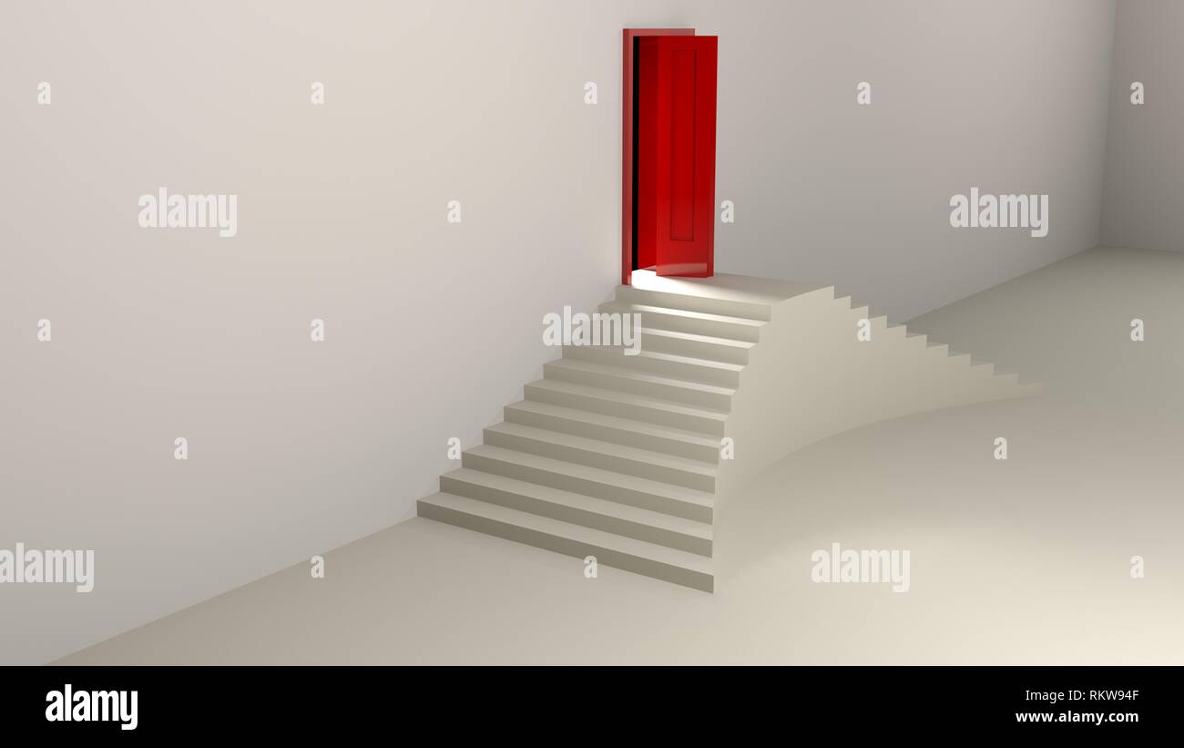 Double sided stairs going to a red door - 3D rendering illustration ...
