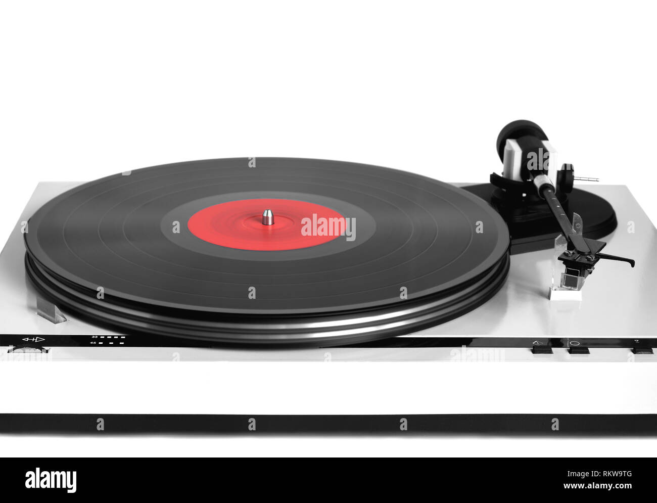 Modern turntable in silver case with rotation vinyl record with red ...