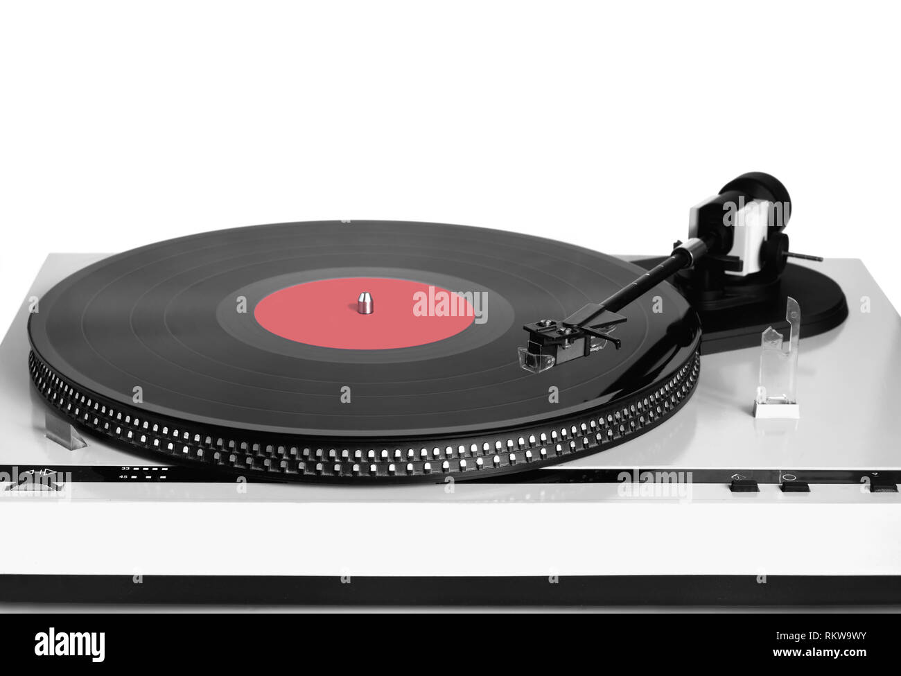 Modern turntable in silver case with rotation vinyl record with red ...