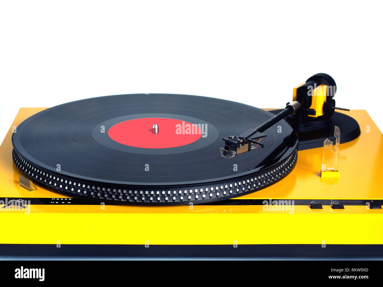 Funny turntable in yellow case with rotation vinyl record with red ...