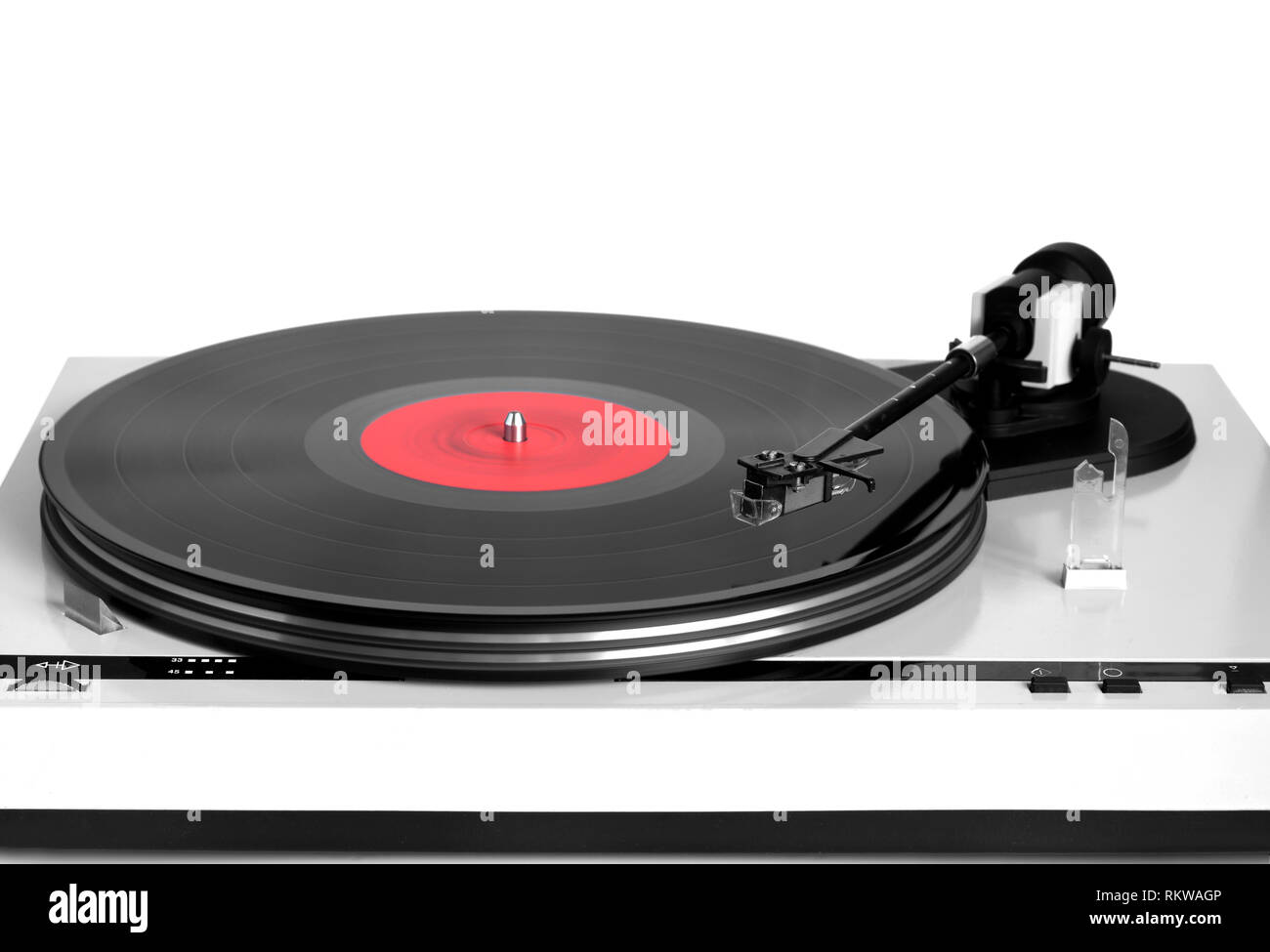 Modern turntable in silver case with rotation vinyl record with red ...