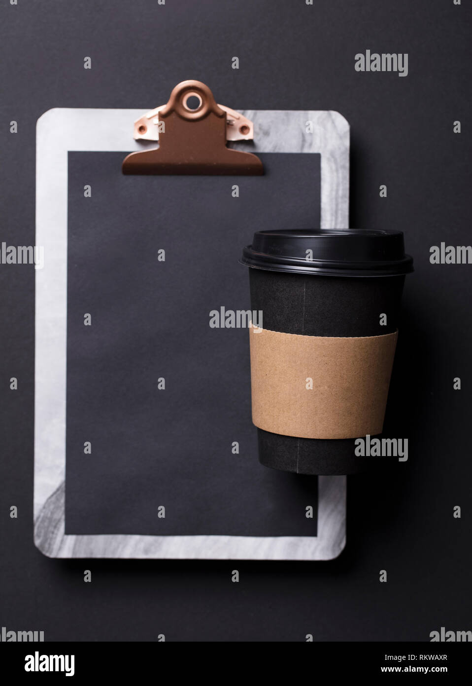 Black coffee cup and clipboard blank menu Stock Photo - Alamy