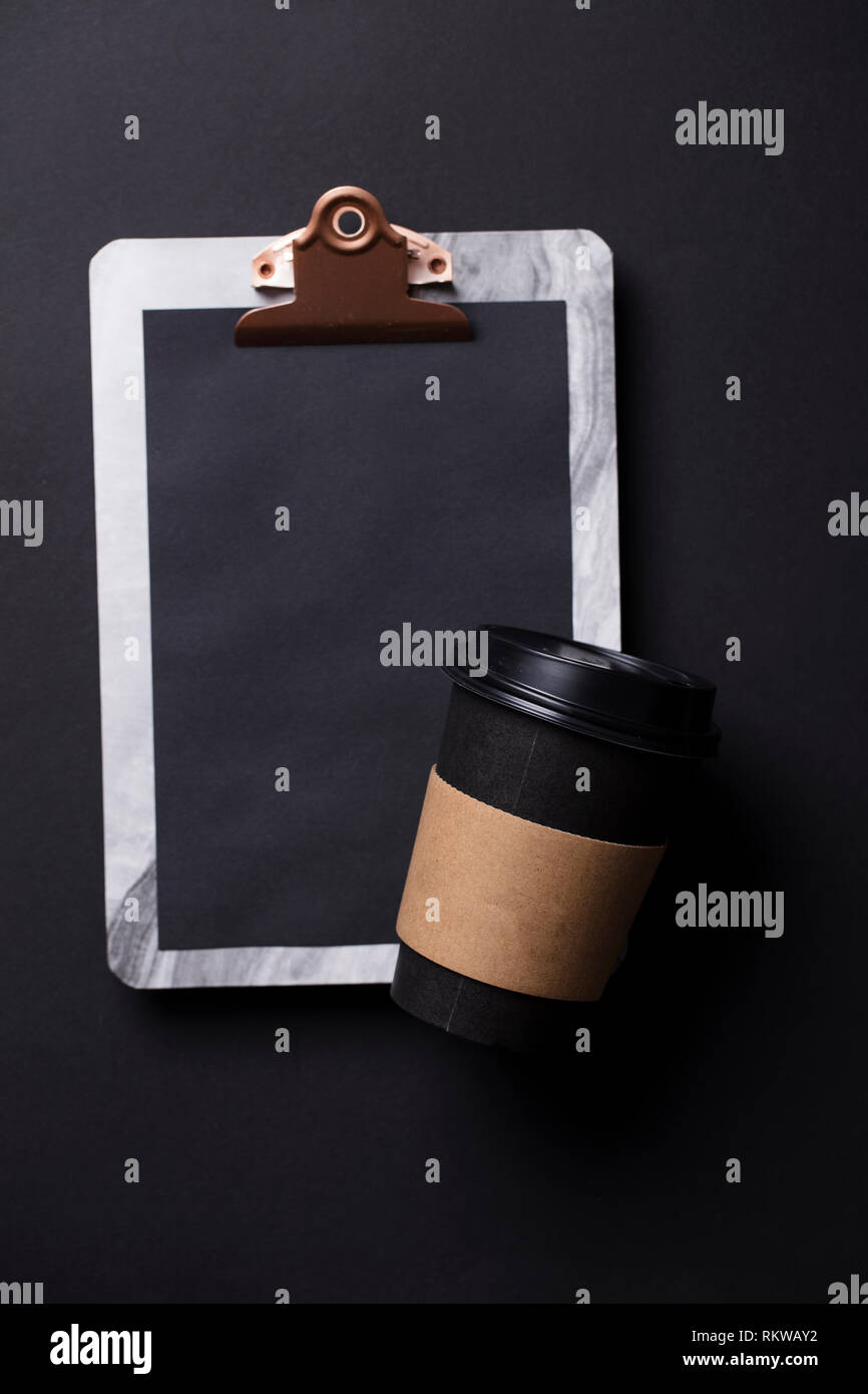 Black coffee cup and clipboard blank menu Stock Photo - Alamy