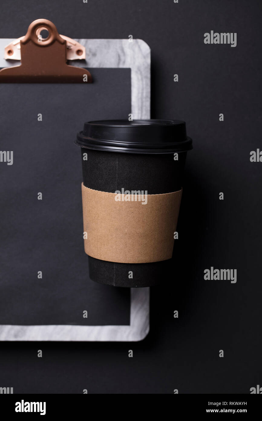 Black coffee cup and clipboard blank menu Stock Photo - Alamy