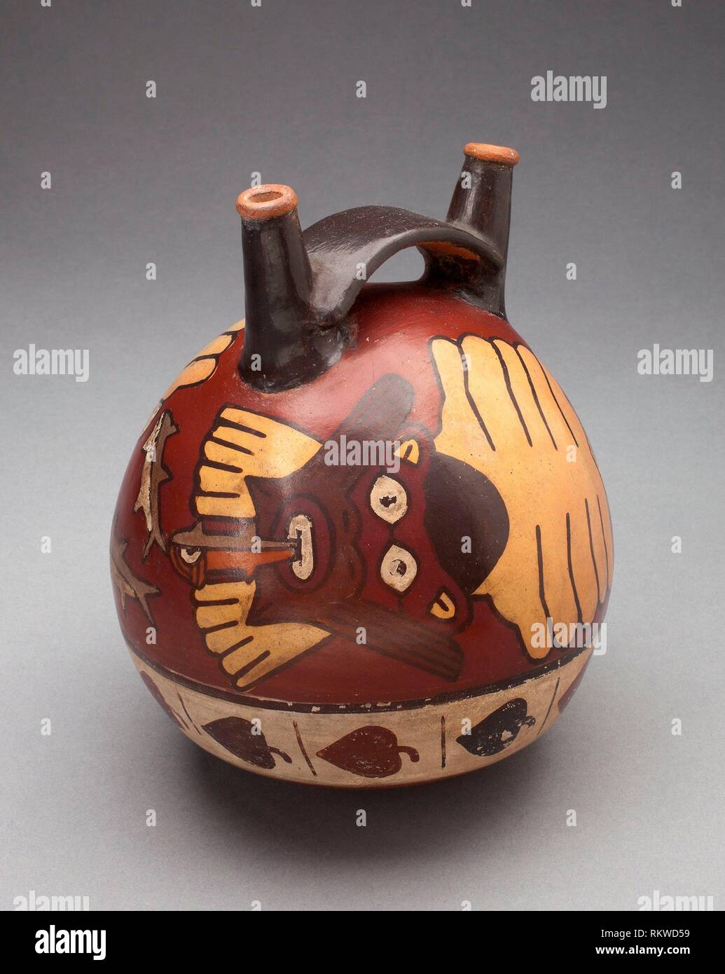 Double Spout Vessel Depicting a Costumed Ritual Performer with Sharks ...