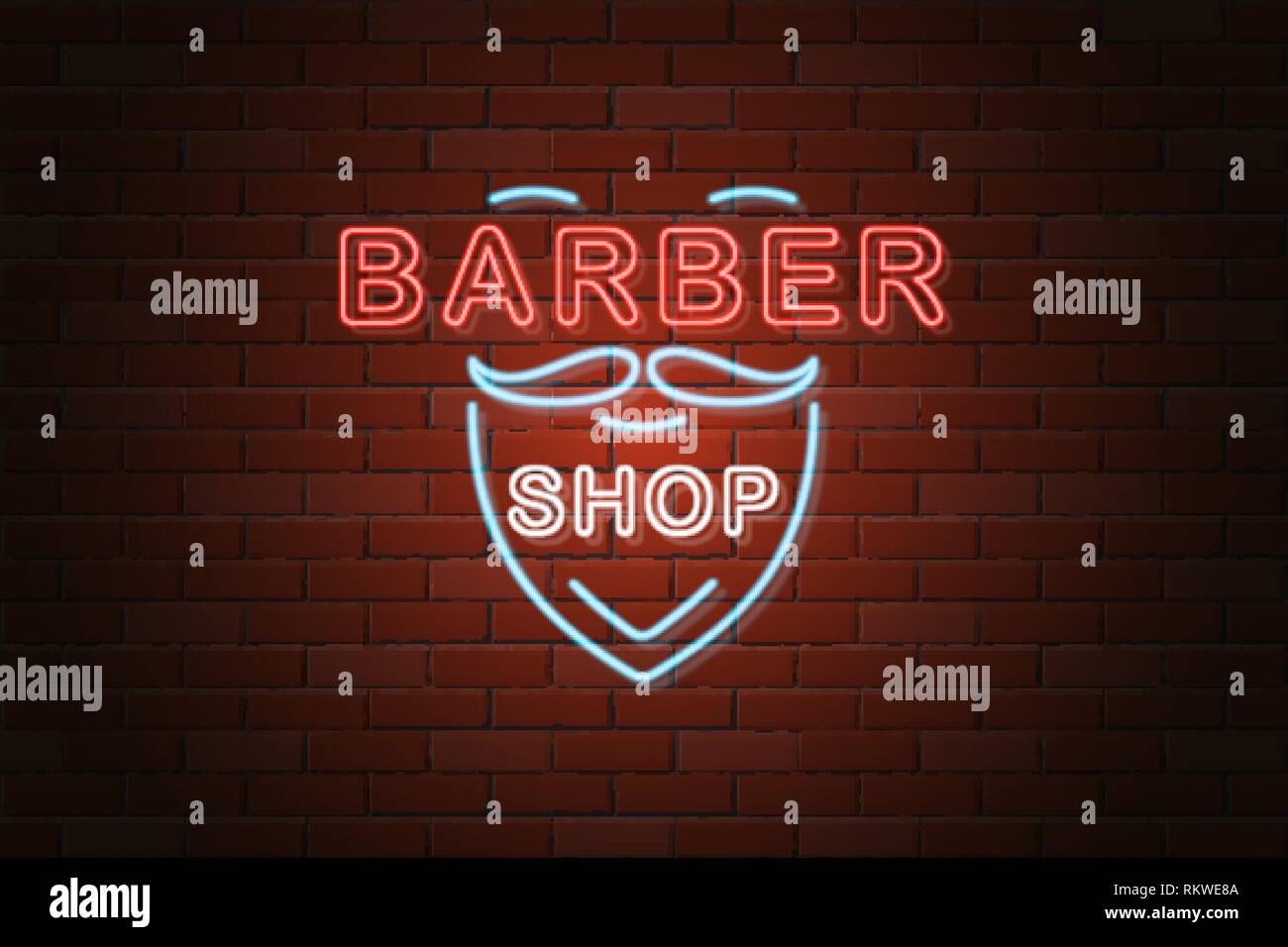 glowing neon signboard barber shop vector illustration on brick wall ...