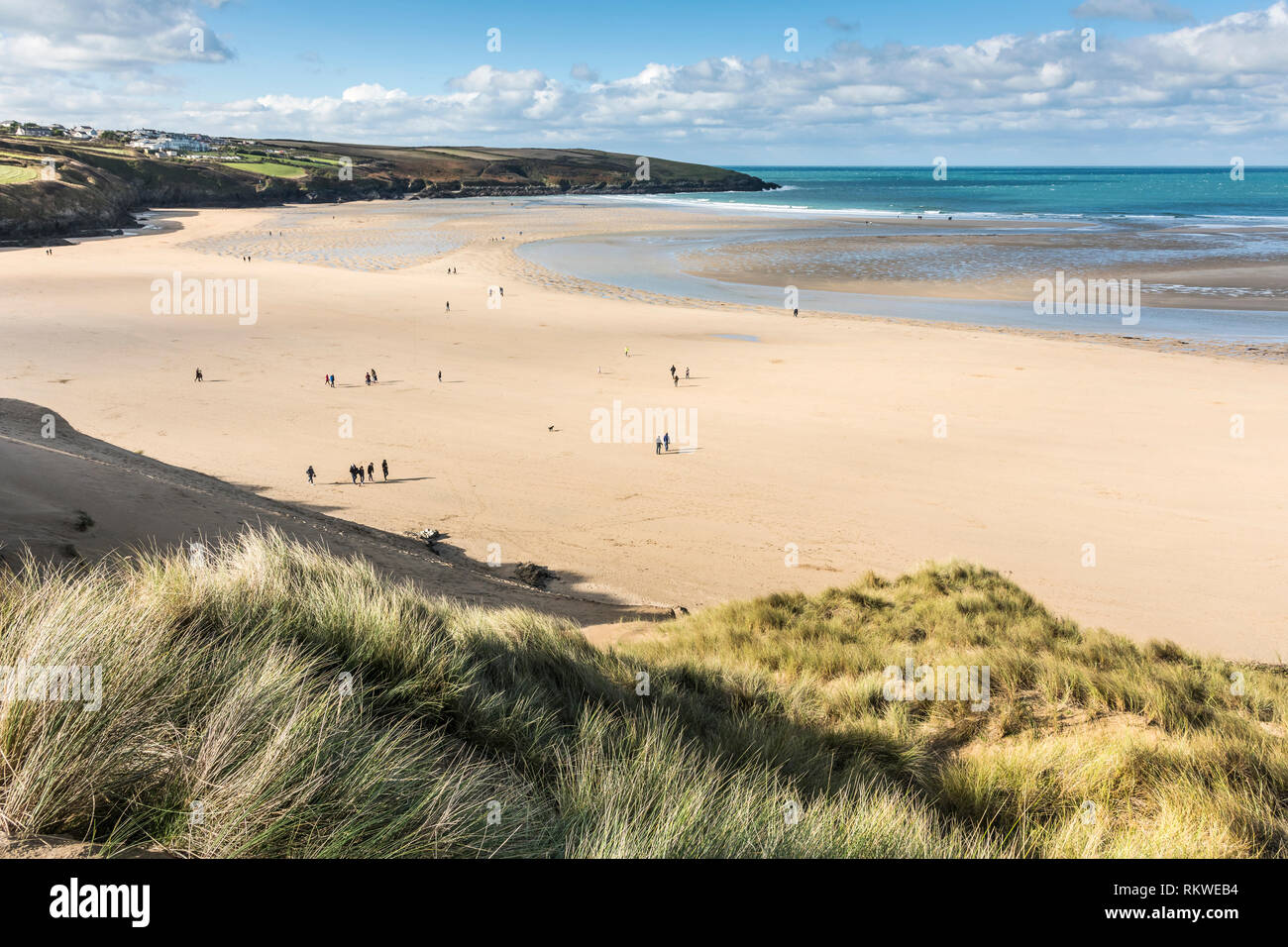 A view over Crantock Beach from the top of the sand dune system in ...