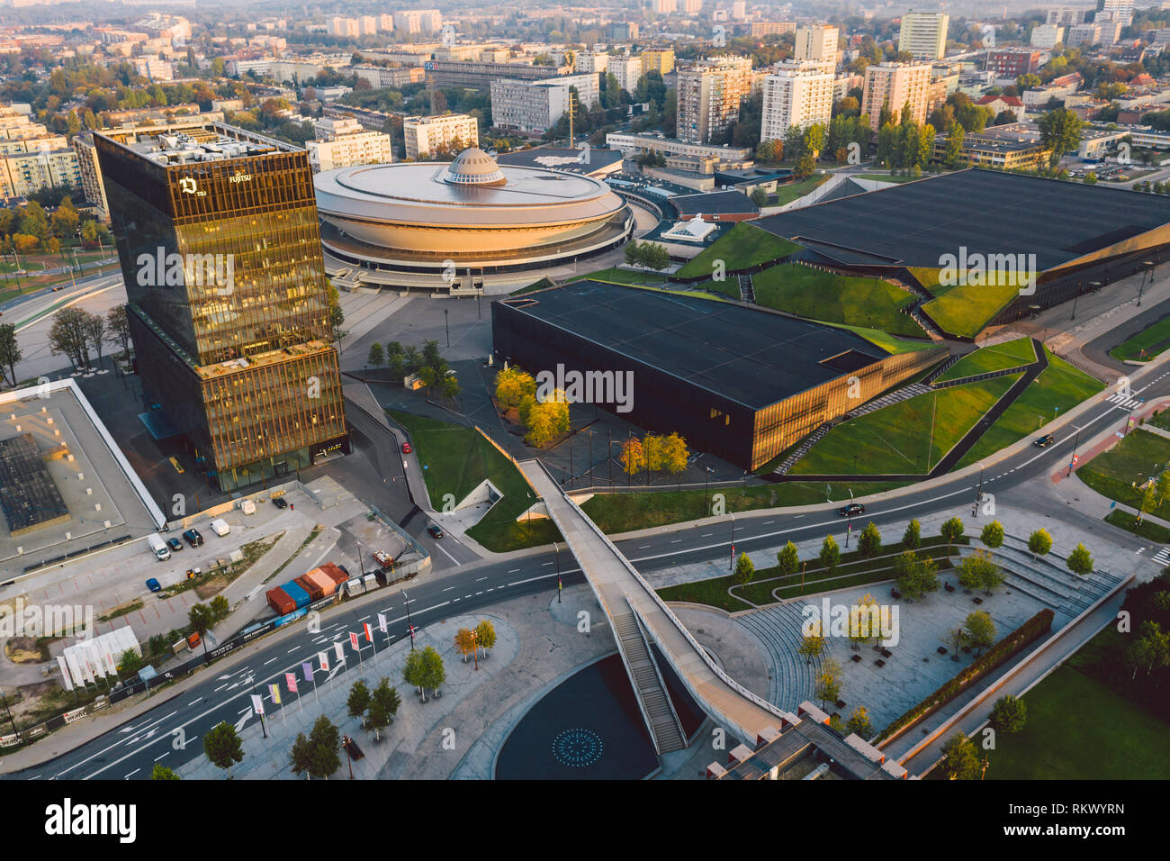 Beautiful sunrise over city center of Katowice Stock Photo - Alamy