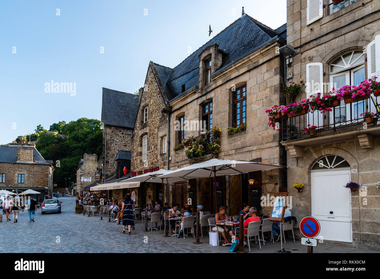 Dinan, France - July 23, 2018: View of typical restaurants at the ...