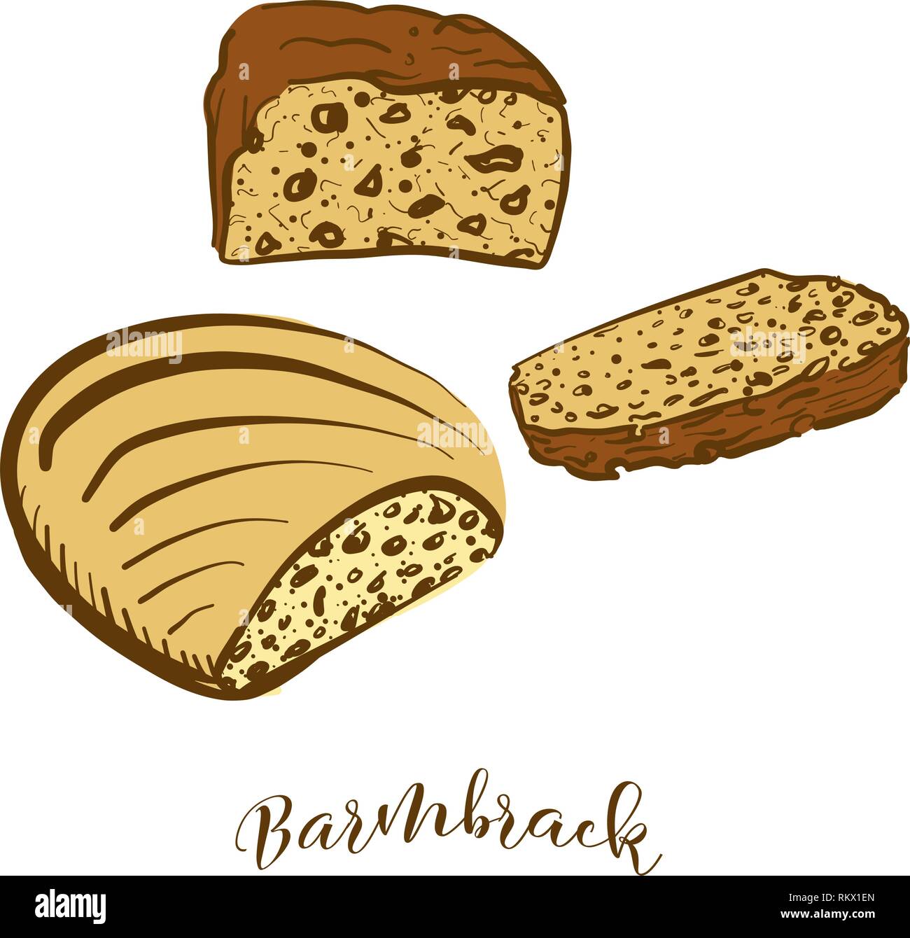 Colored sketches of Barmbrack bread. Vector drawing of Yeast bread food ...