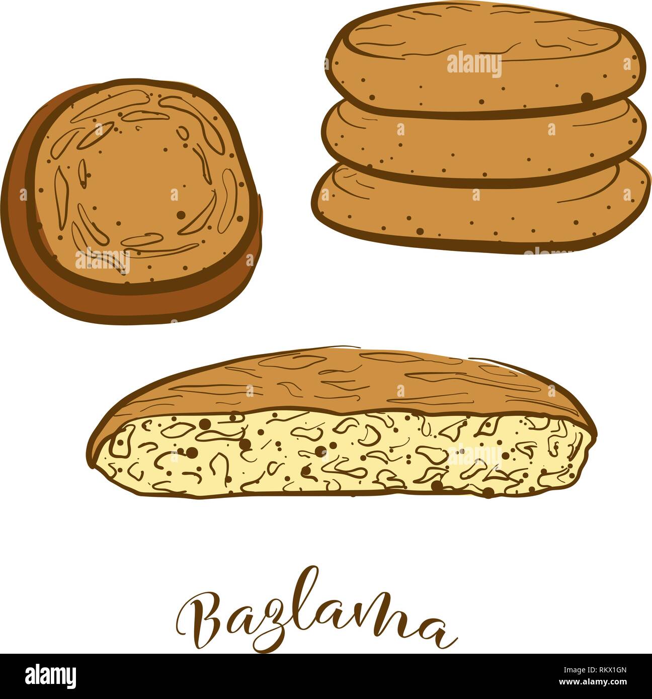 Colored sketches of Bazlama bread. Vector drawing of Flatbread food ...