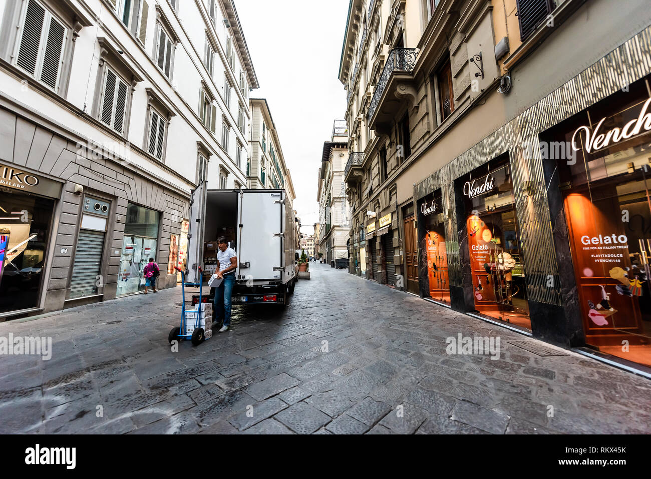 Firenze, Italy - August 31, 2018: Outside exterior store buildings in ...