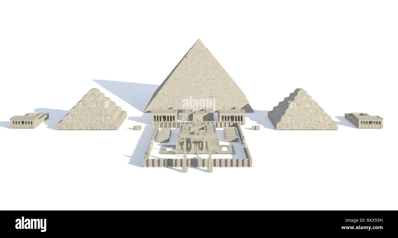 3D Illustration Egyptian buildings and statues isolated on white ...