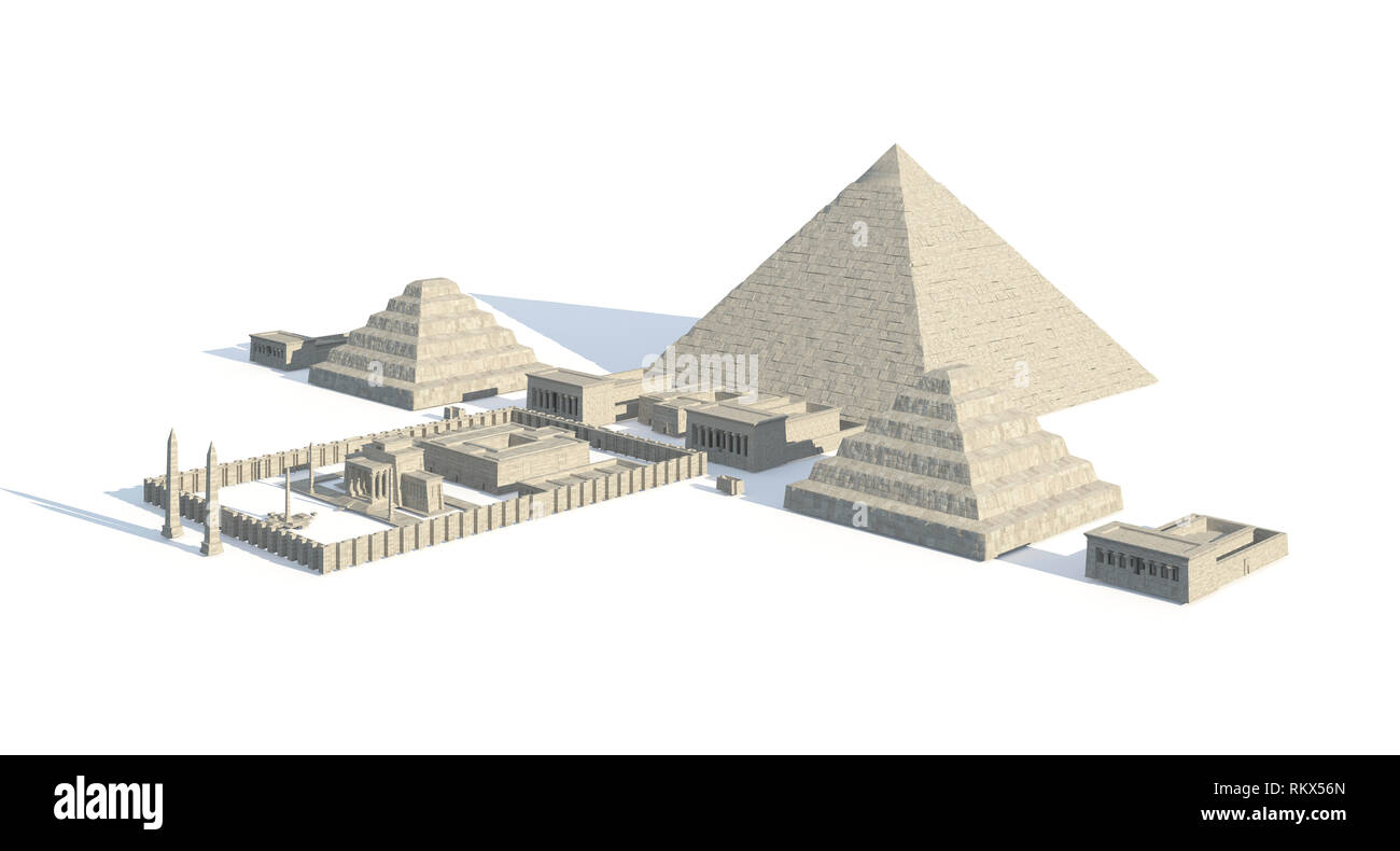 3D Illustration Egyptian buildings and statues isolated on white ...