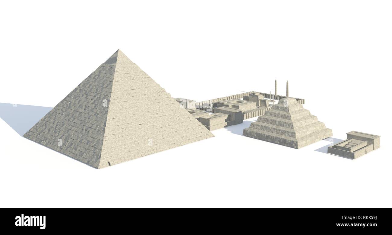 3D Illustration Egyptian buildings and statues isolated on white ...