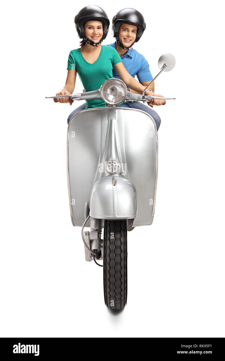 Young female riding a scooter with a young man behind her isolated on ...