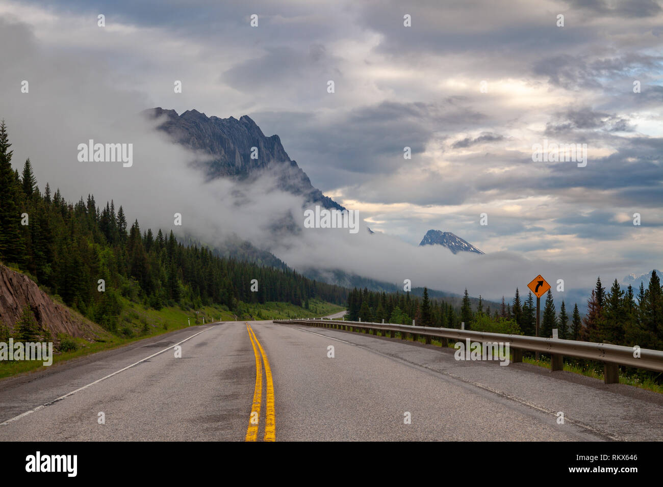 Highway 40 in Kananaskis Country, Alberta, Canada on a gloomy rainy day ...