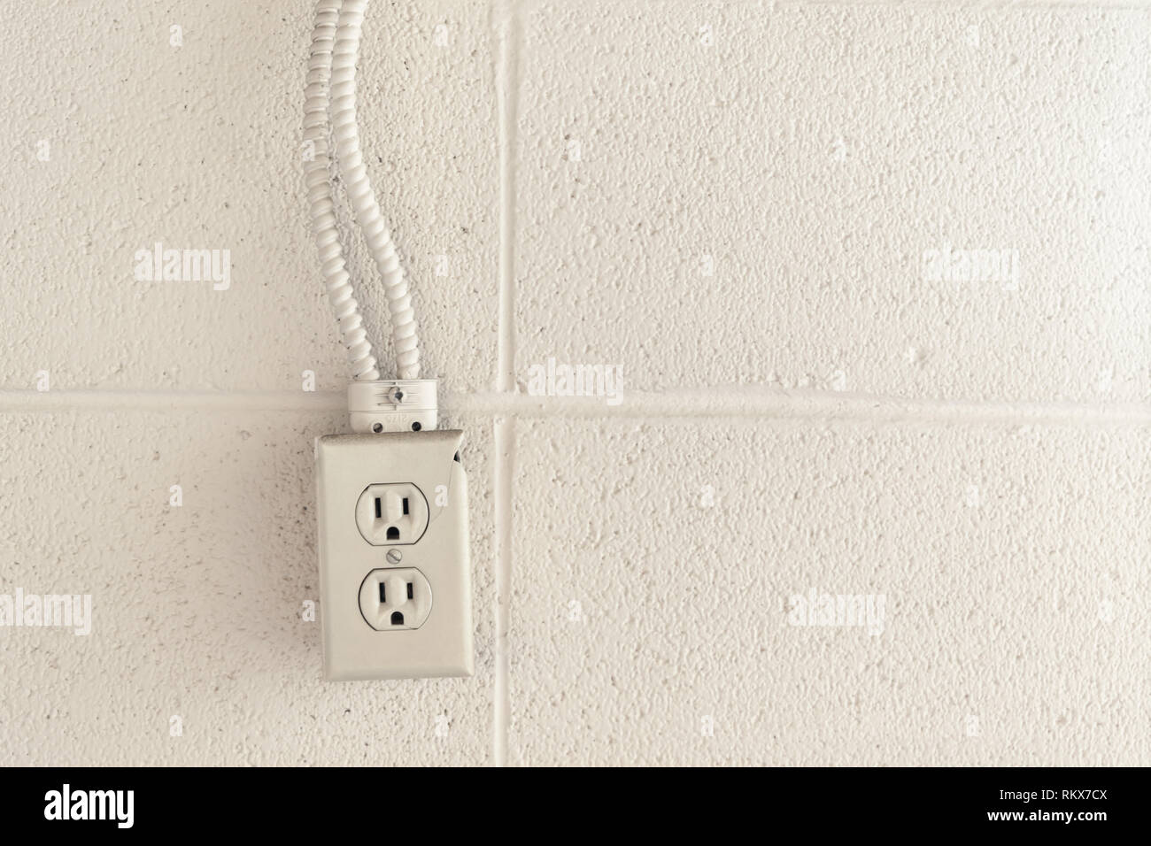 Old rustic North American electrical outlet on a white brick wall Stock ...