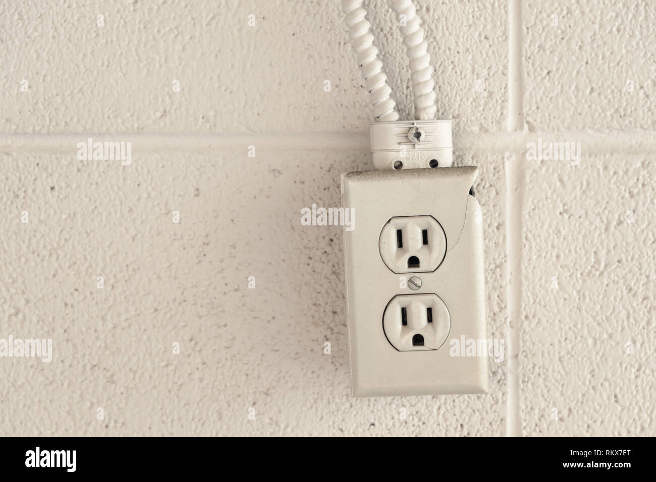 Old rustic North American electrical outlet on a white brick wall Stock ...