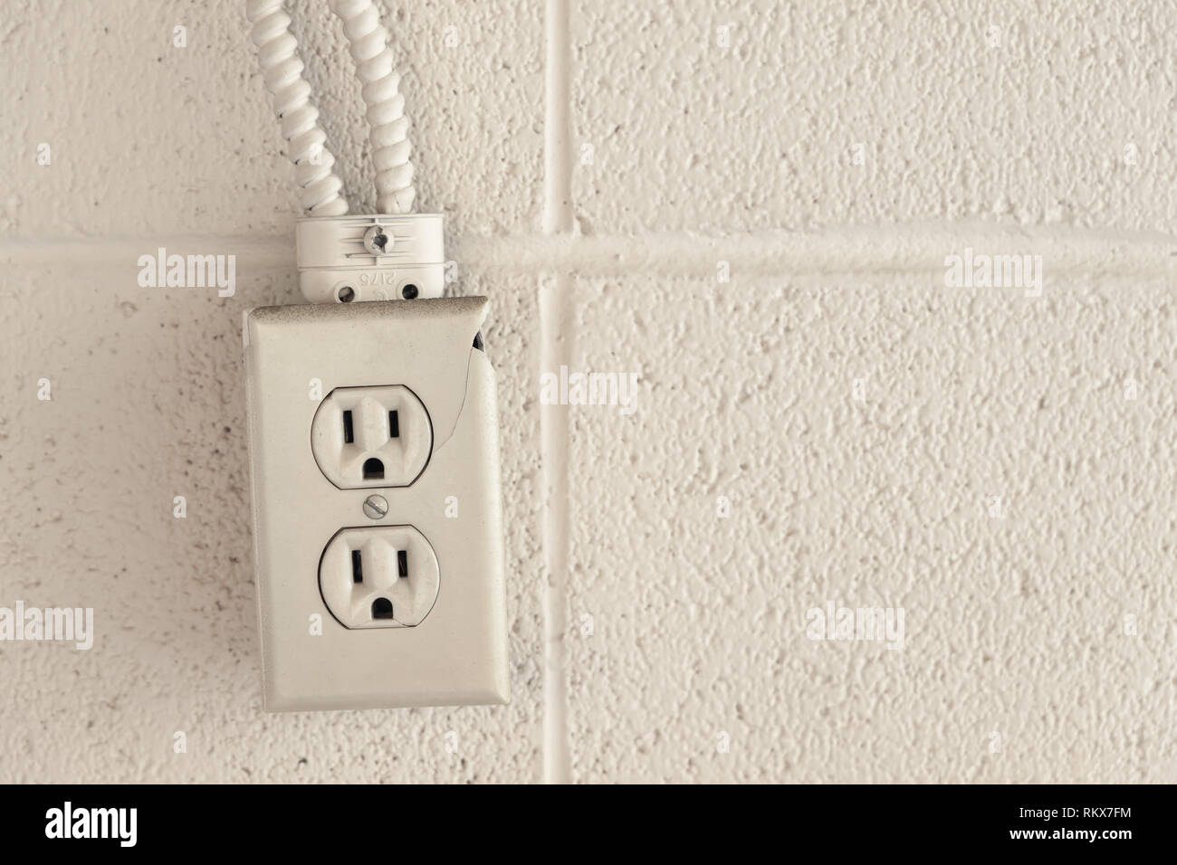 Old rustic North American electrical outlet on a white brick wall Stock ...