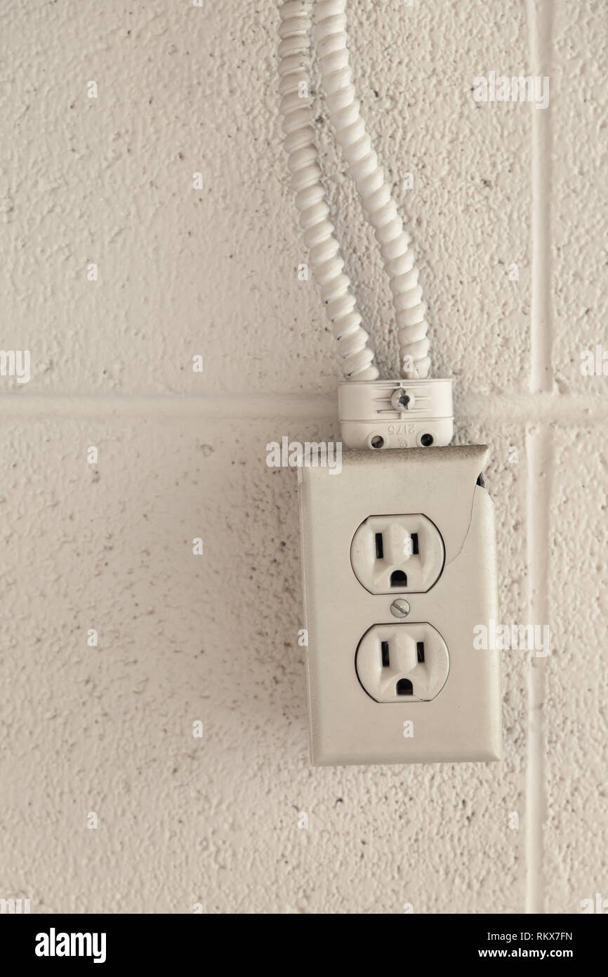 Old rustic North American electrical outlet on a white brick wall Stock ...