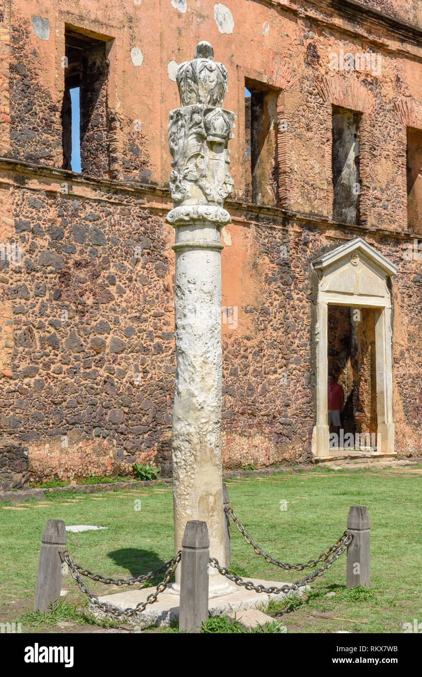 The flogging pole in front of Matriz Church ruins on the historic city ...