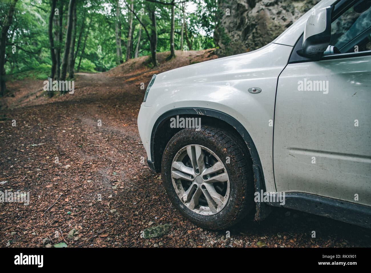 white suv car at forest trail wheel in dirt close up. journey concept ...