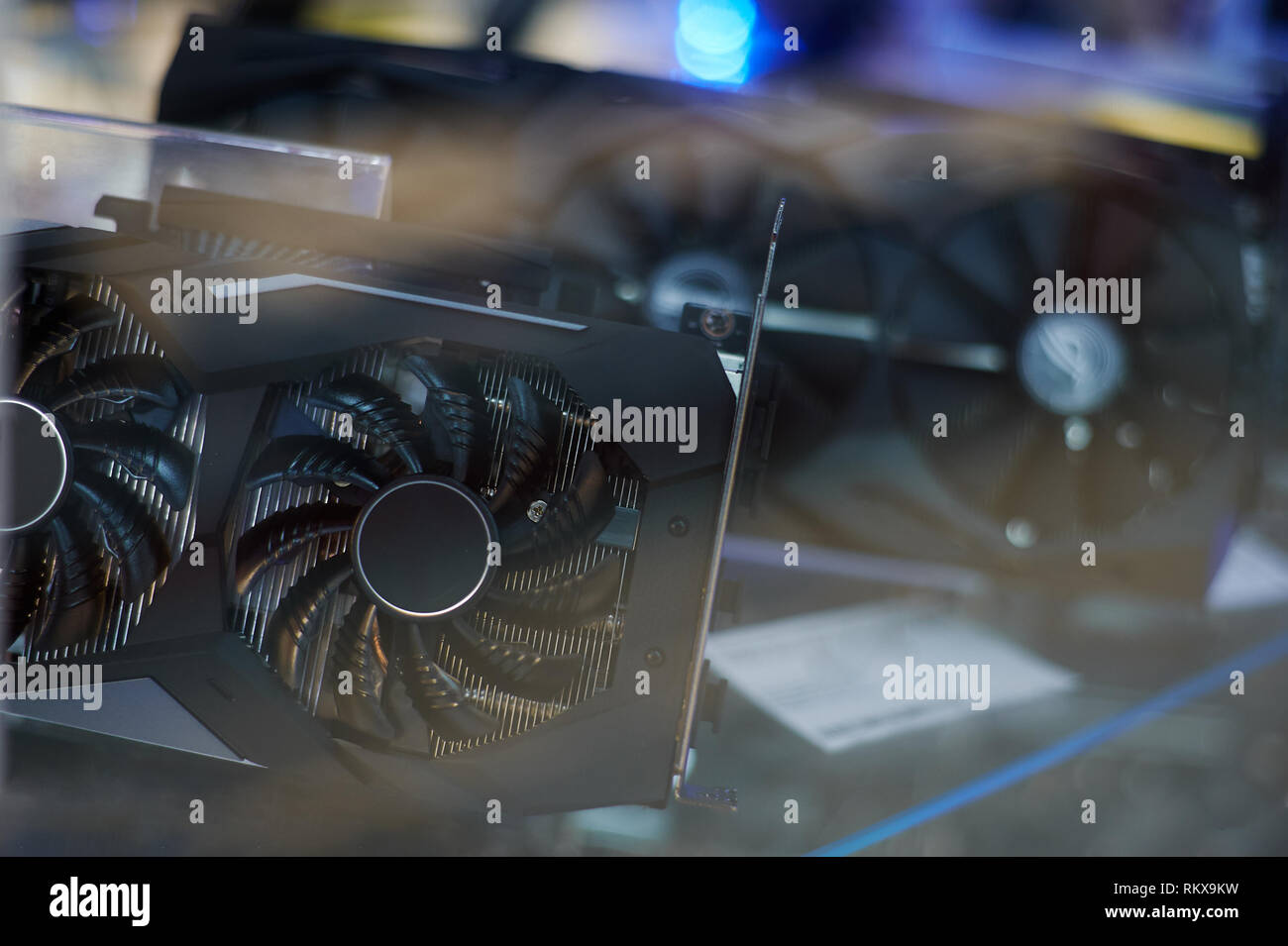 row of many video cards is on sale at showcase in store. graphics ...