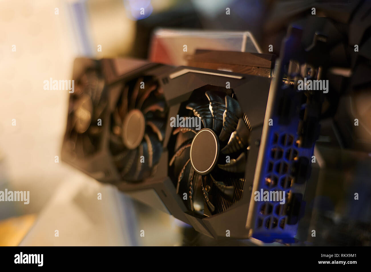 row of many video cards is on sale at showcase in store. graphics ...