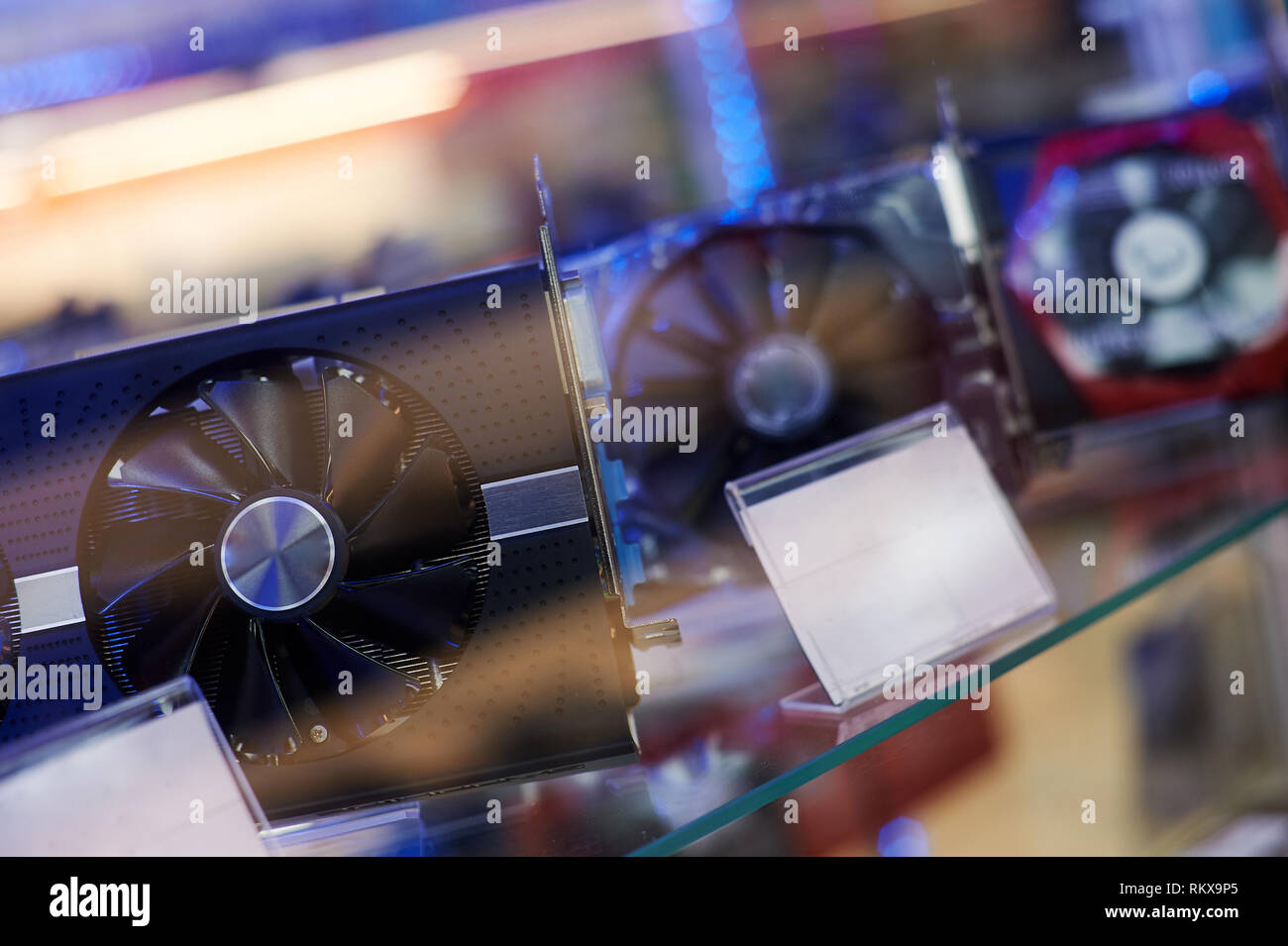 row of many video cards is on sale at showcase in store. graphics ...
