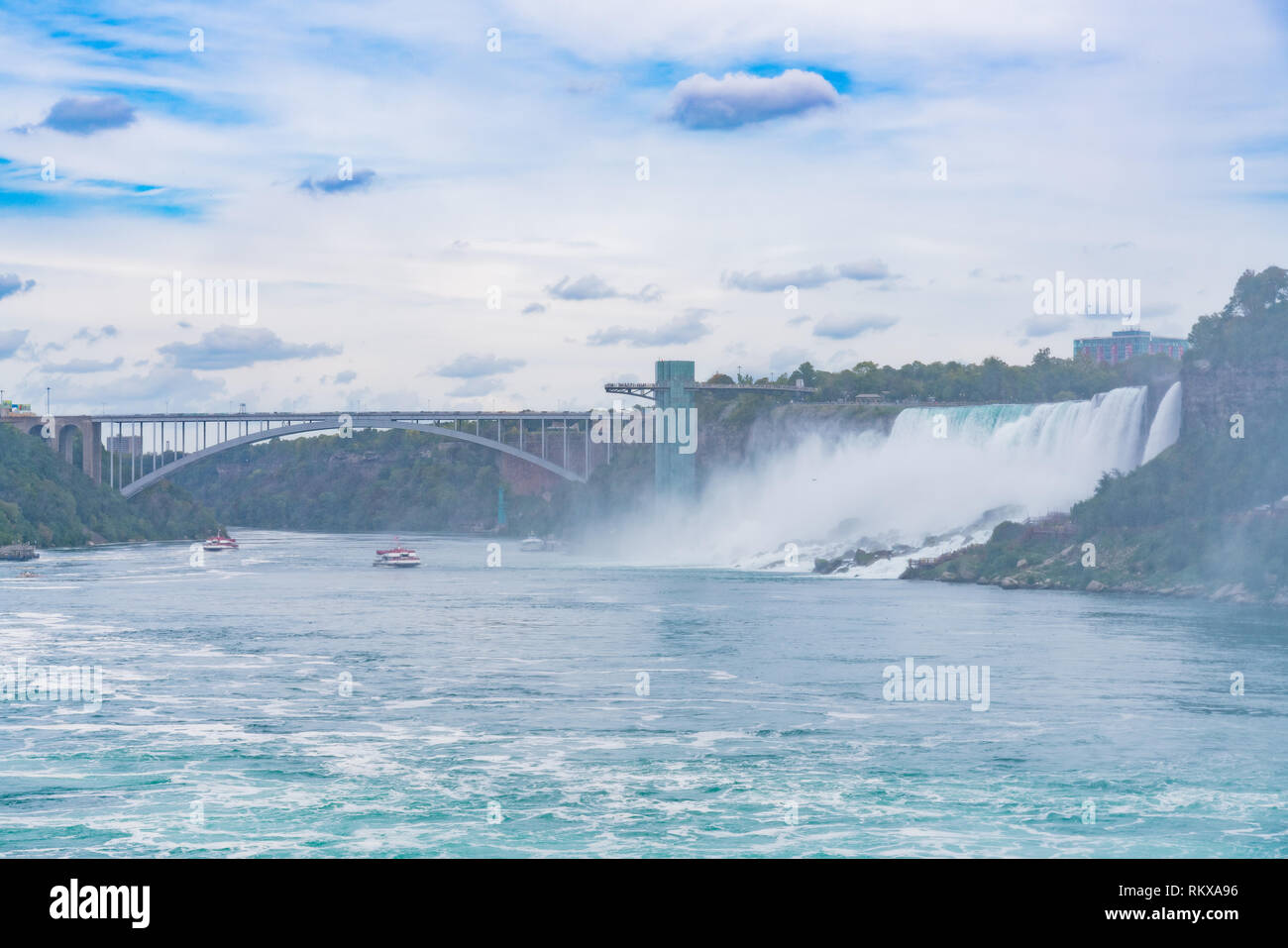 Aerial view of the beautiful Niagara Falls and Rainbow International ...