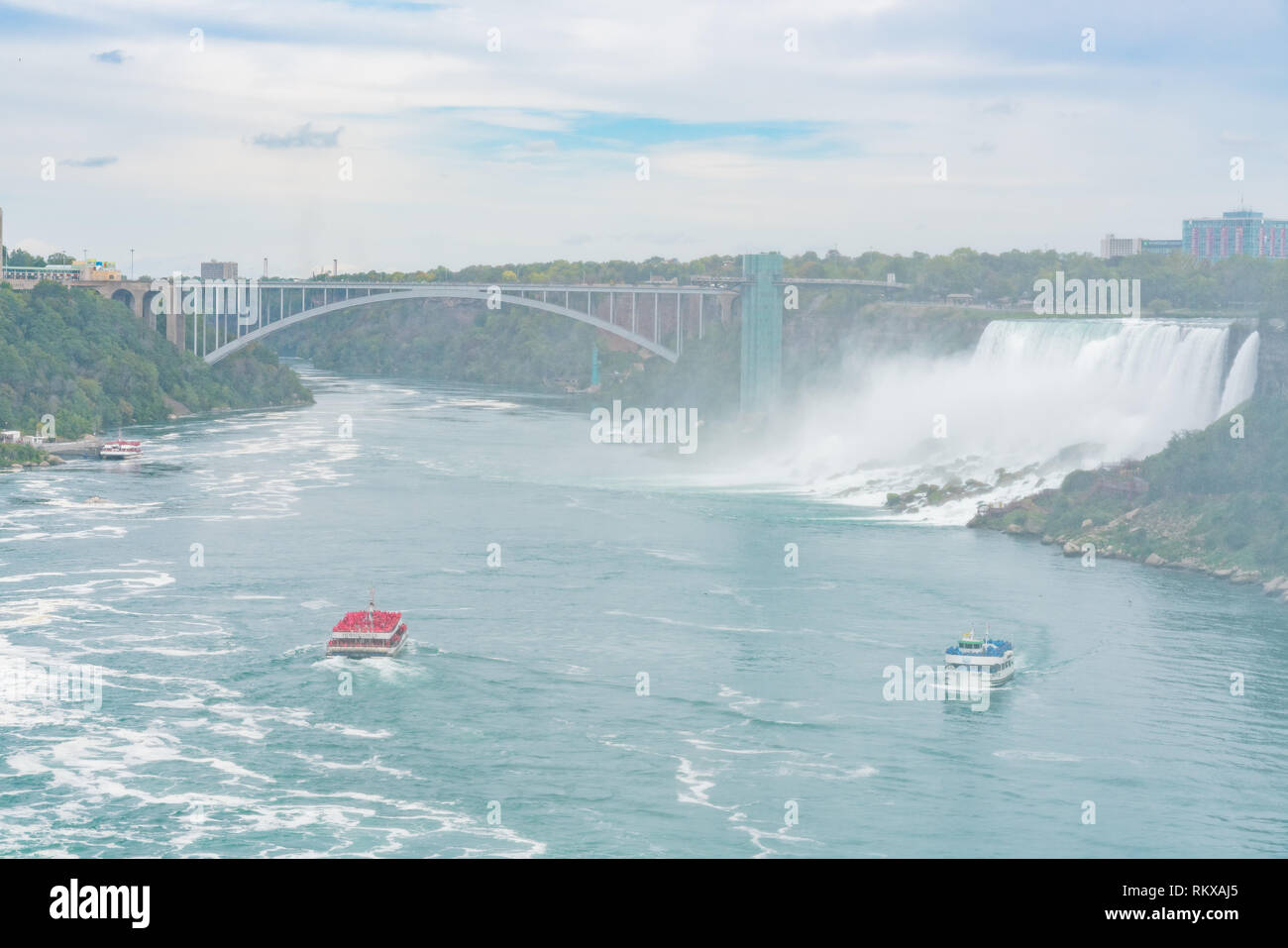 Aerial view of the beautiful Niagara Falls and Rainbow International ...