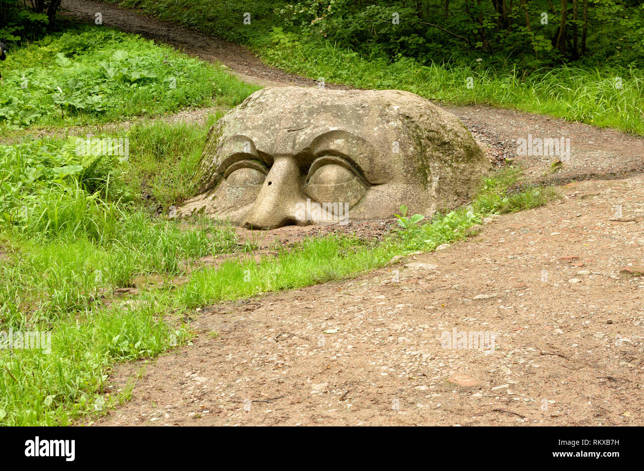 Stone head of unknown origin.Is in the forest half in earth Stock Photo ...