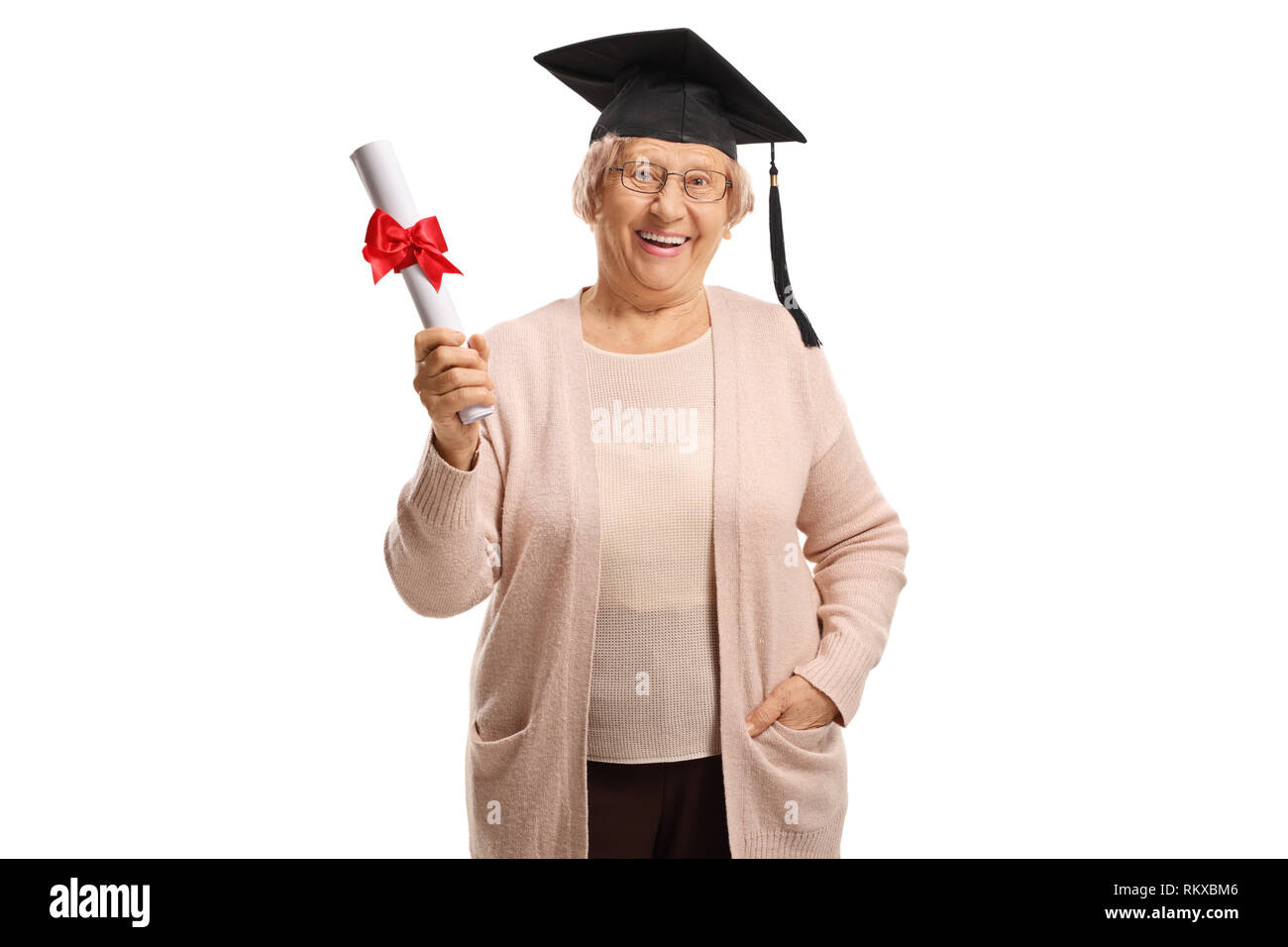 Happy mature woman with a graduation hat holding a diploma isolated on ...