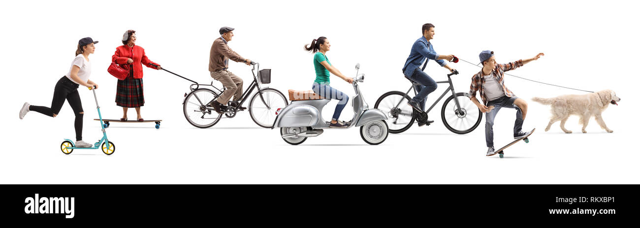 Many people with a different type of transportation, riding bicycle ...