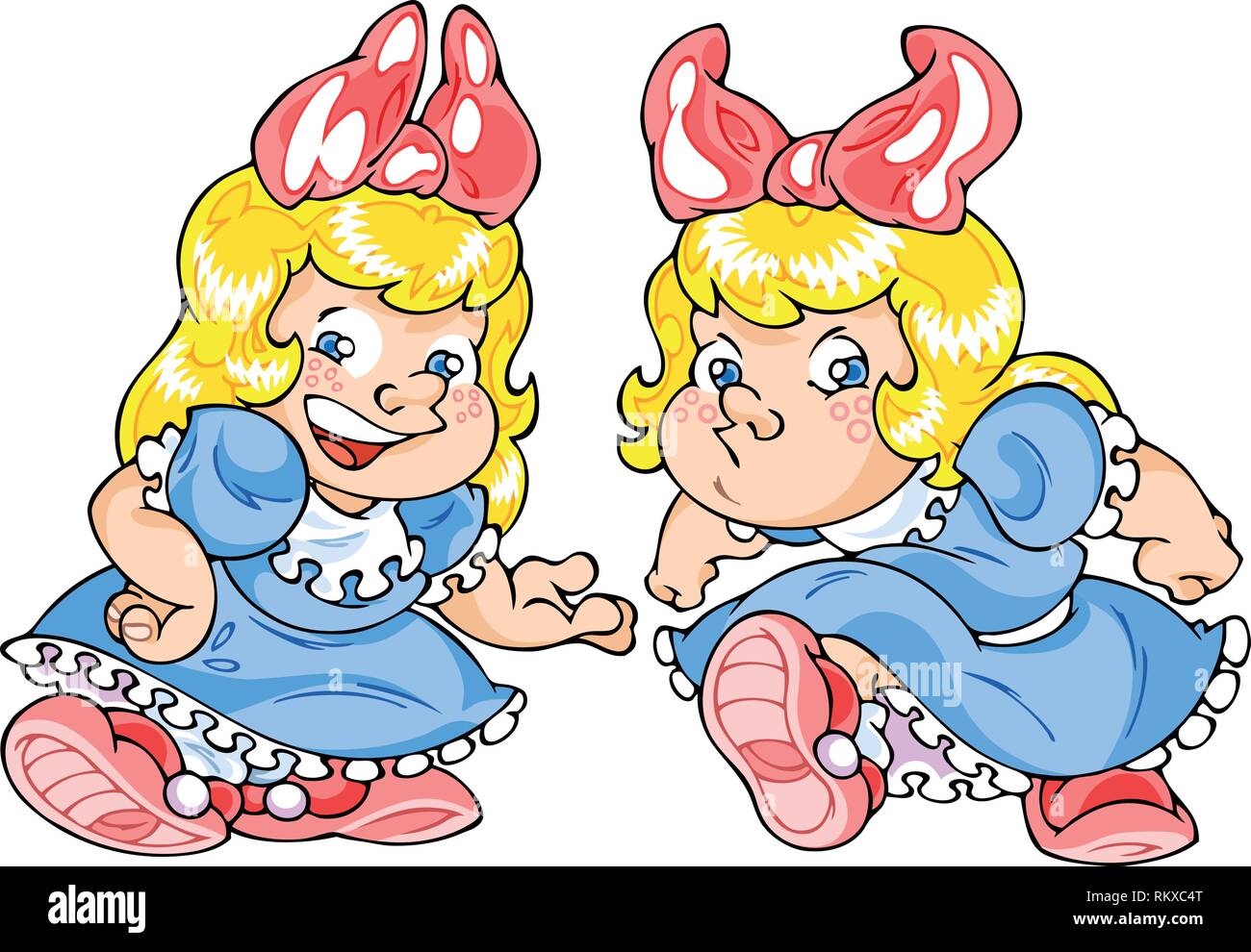 The illustration shows a little funny girl in blue dress. Girl shows ...