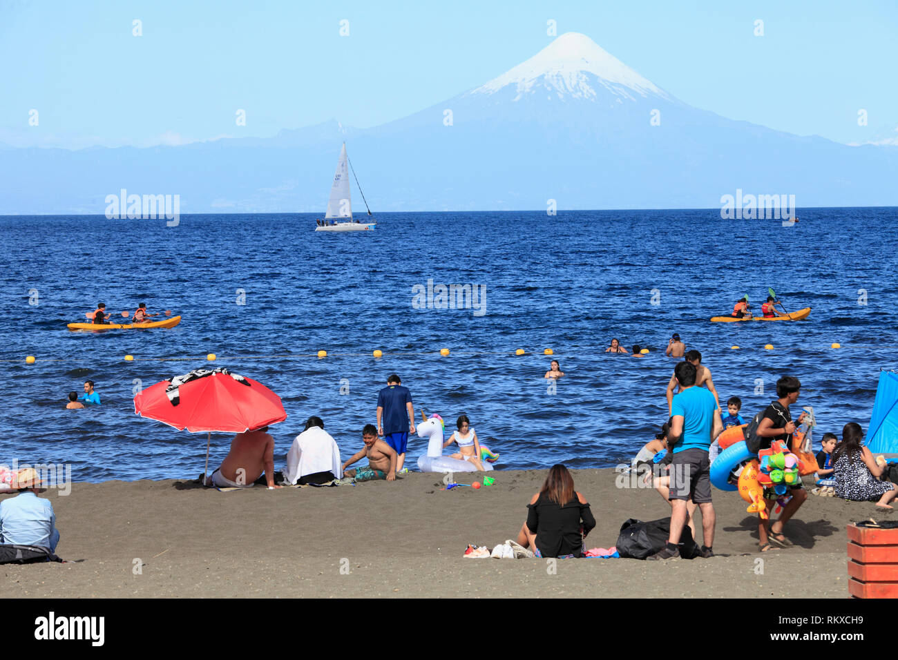 Chile, Lake District, Frutillar, beach, people, Lake Llanquihue ...