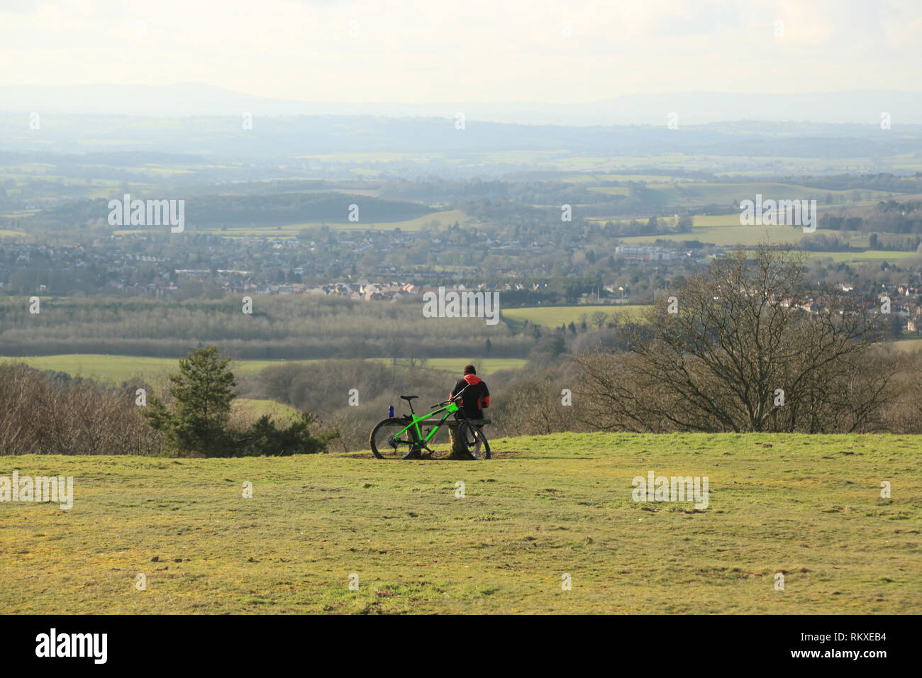 Mountain bike rider takes a rest on the Clent hills, England, UK Stock ...