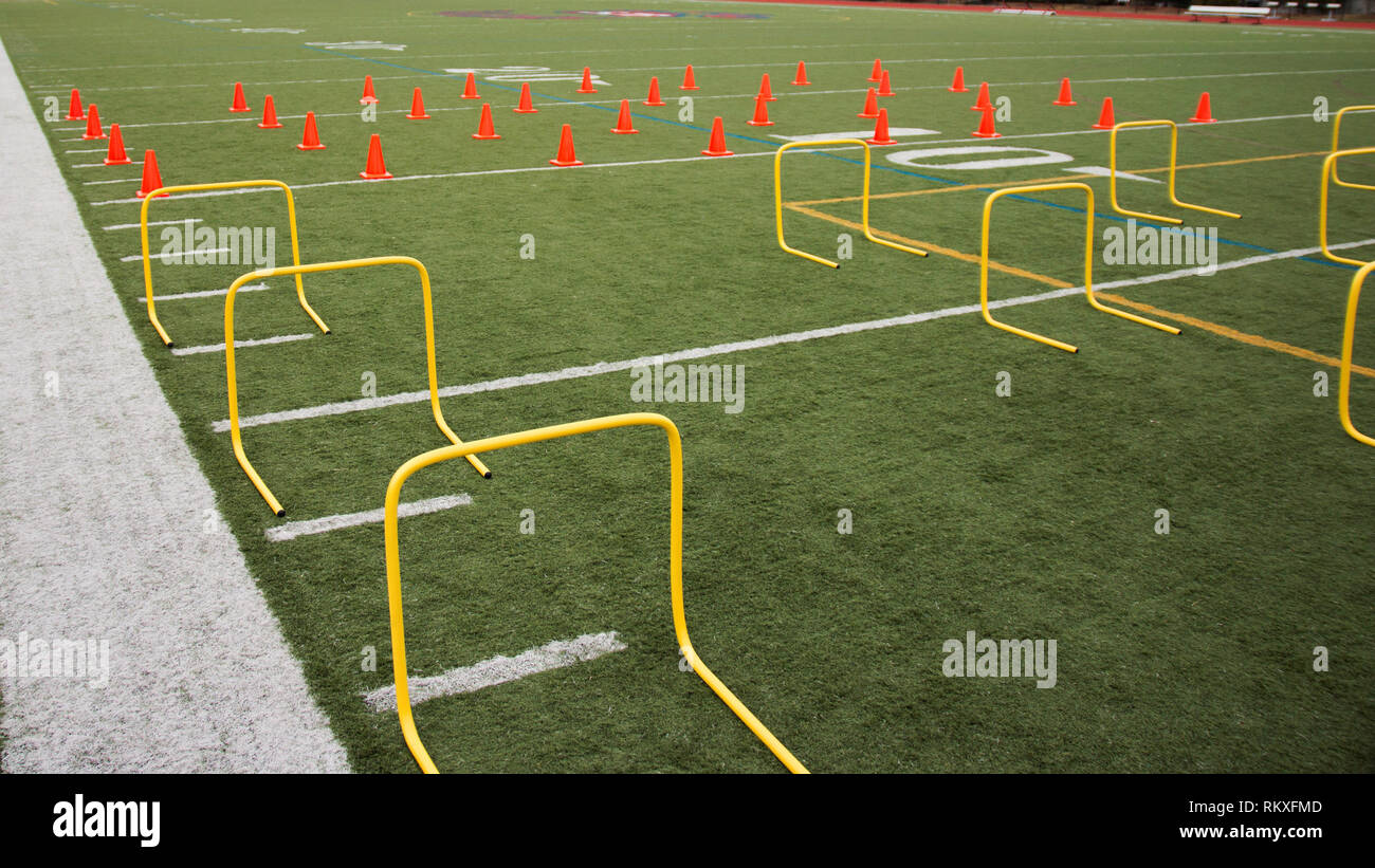A green turf field is set up with orange cones and yellow hurdles for speed work Stock Photo - Alamy
