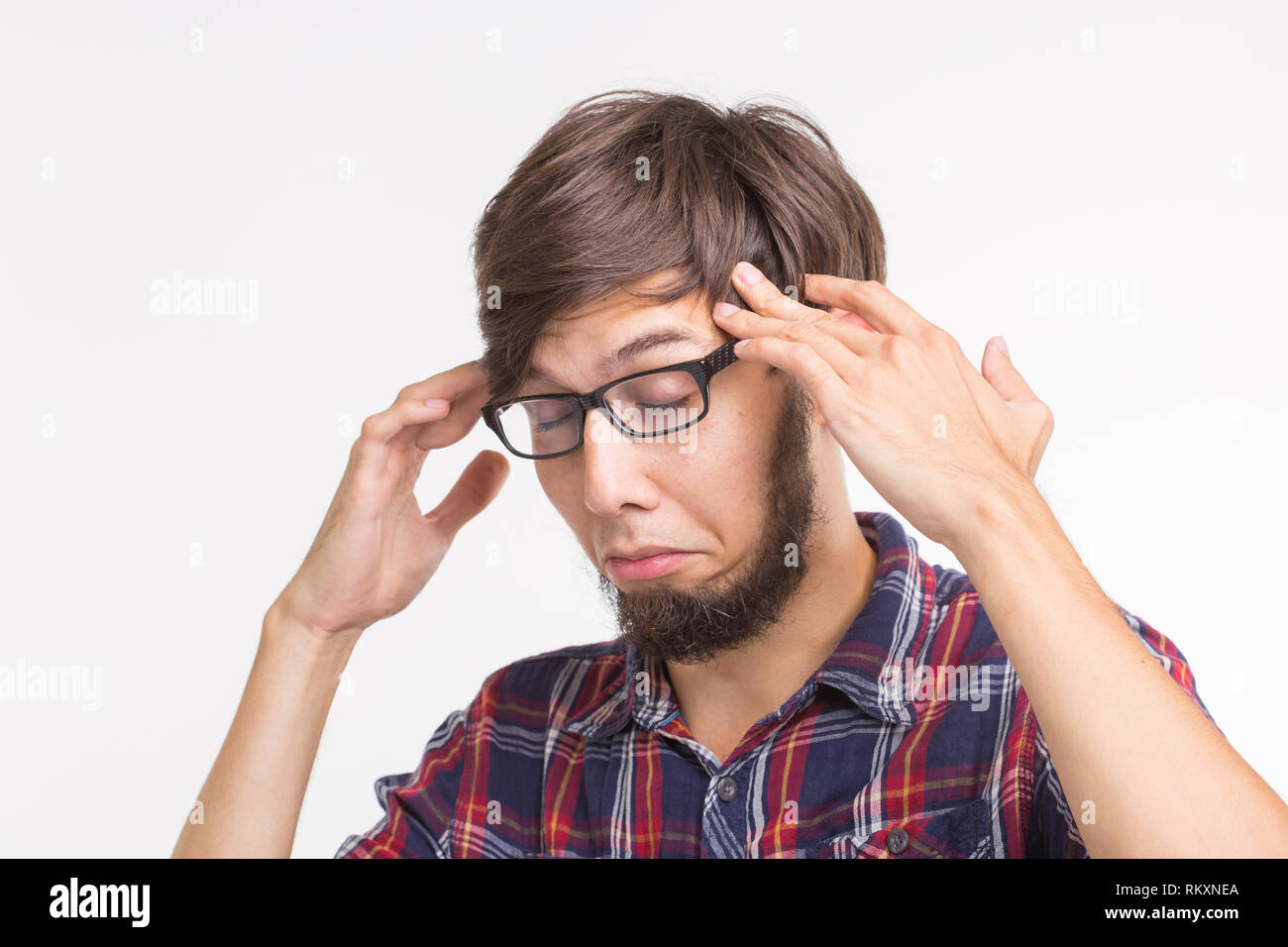 Process, problem, people concept - young man thinking about problem ...