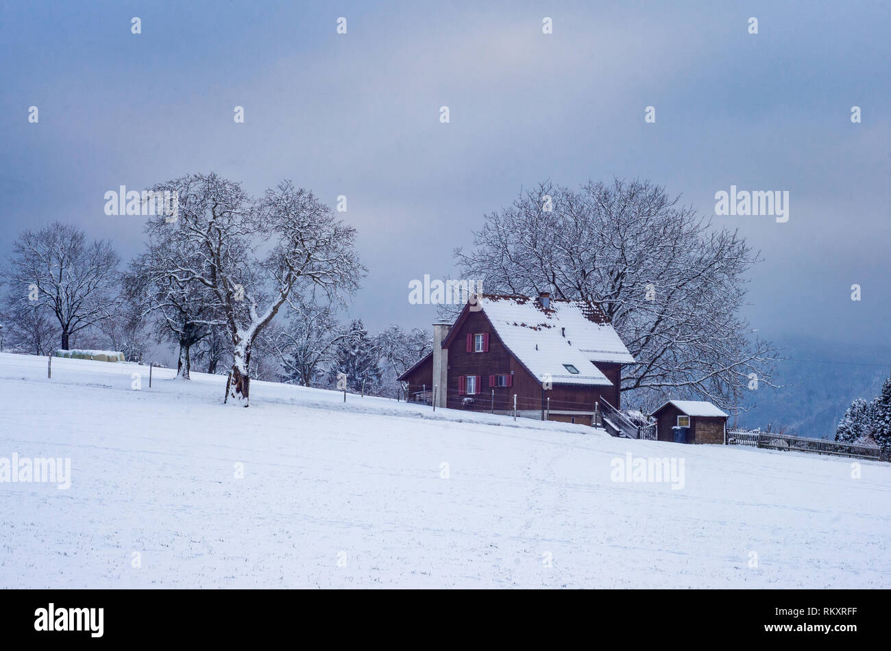 Winter snowy landscape with farm house trees and cloudy sky Stock Photo ...