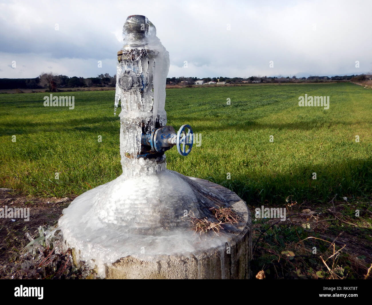 sudden frosts of harsh winter freeze countryside and block valves of ...