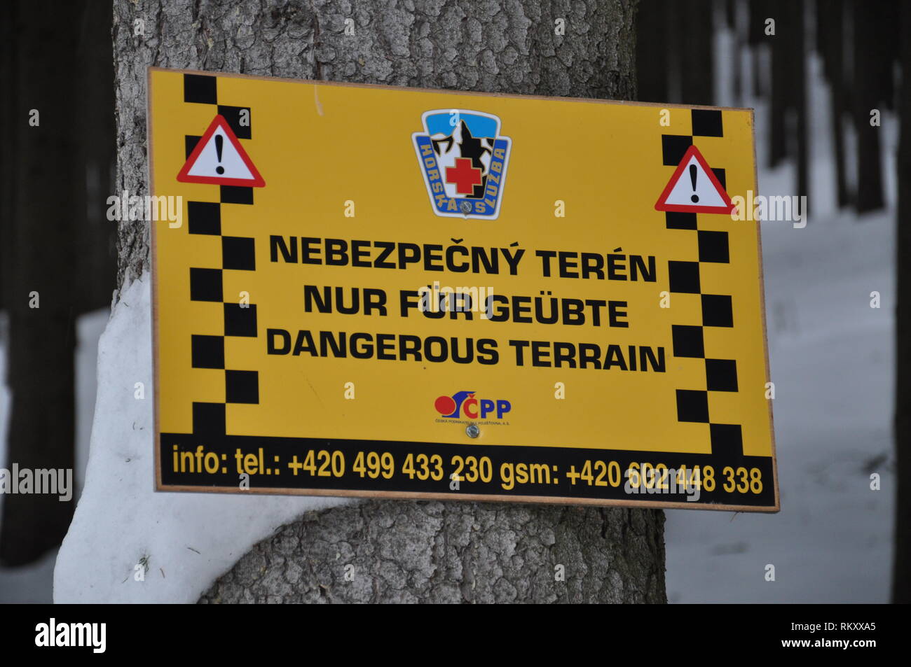 Information board of mountain service on dangerous terrain, Czech ...