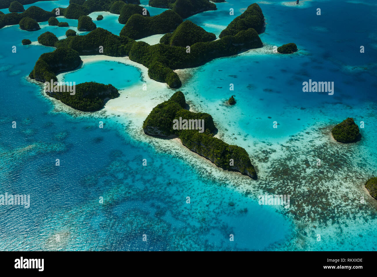 Aerial view of the coral reefs lush green tiny islands in the kingdom ...