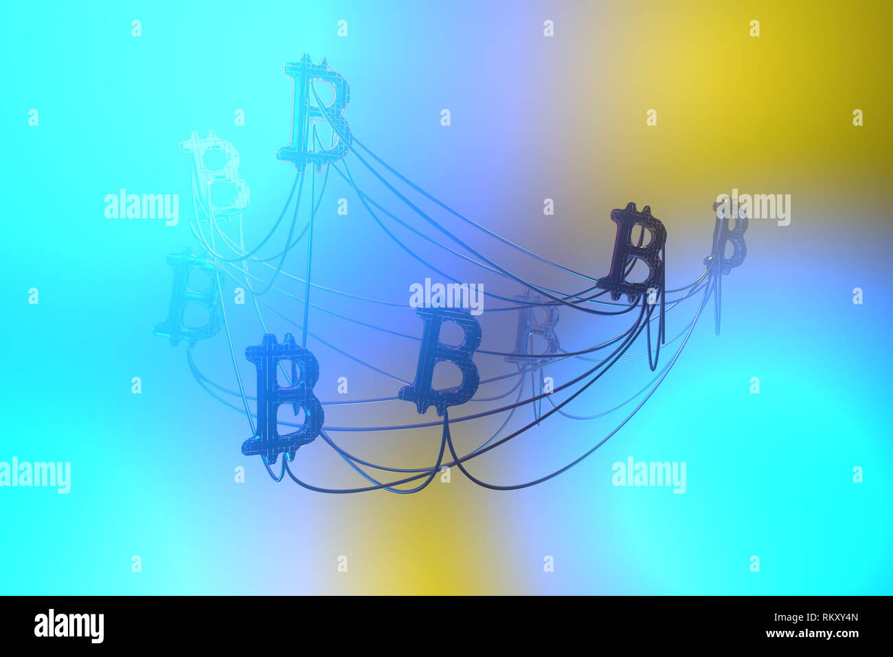 Golden bitcoin signs flying in the air and connected to each other by ...