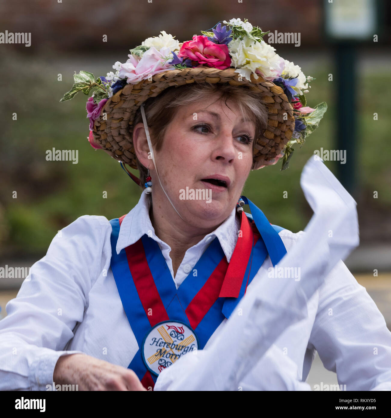 English morris dancers in traditional costume, including flowers and ...